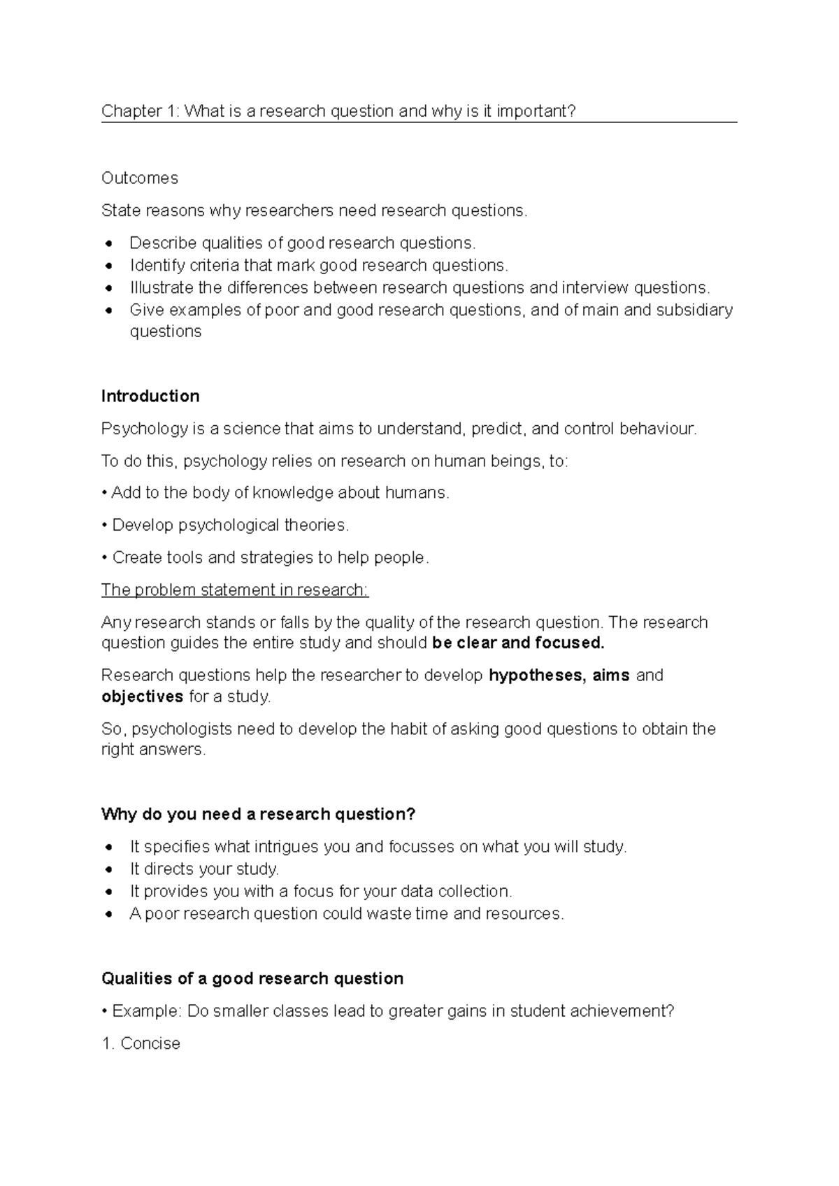 Chapter 1 Notes - Chapter 1: What is a research question and why is it ...
