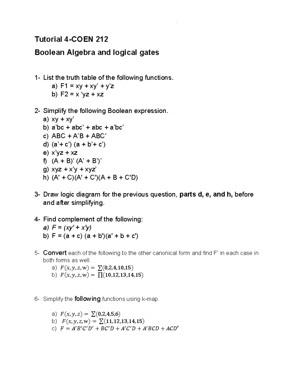 Tutorial 4 Tutorial 4 Coen 212 Boolean Algebra And Logical Gates 1 List The Truth Table Of
