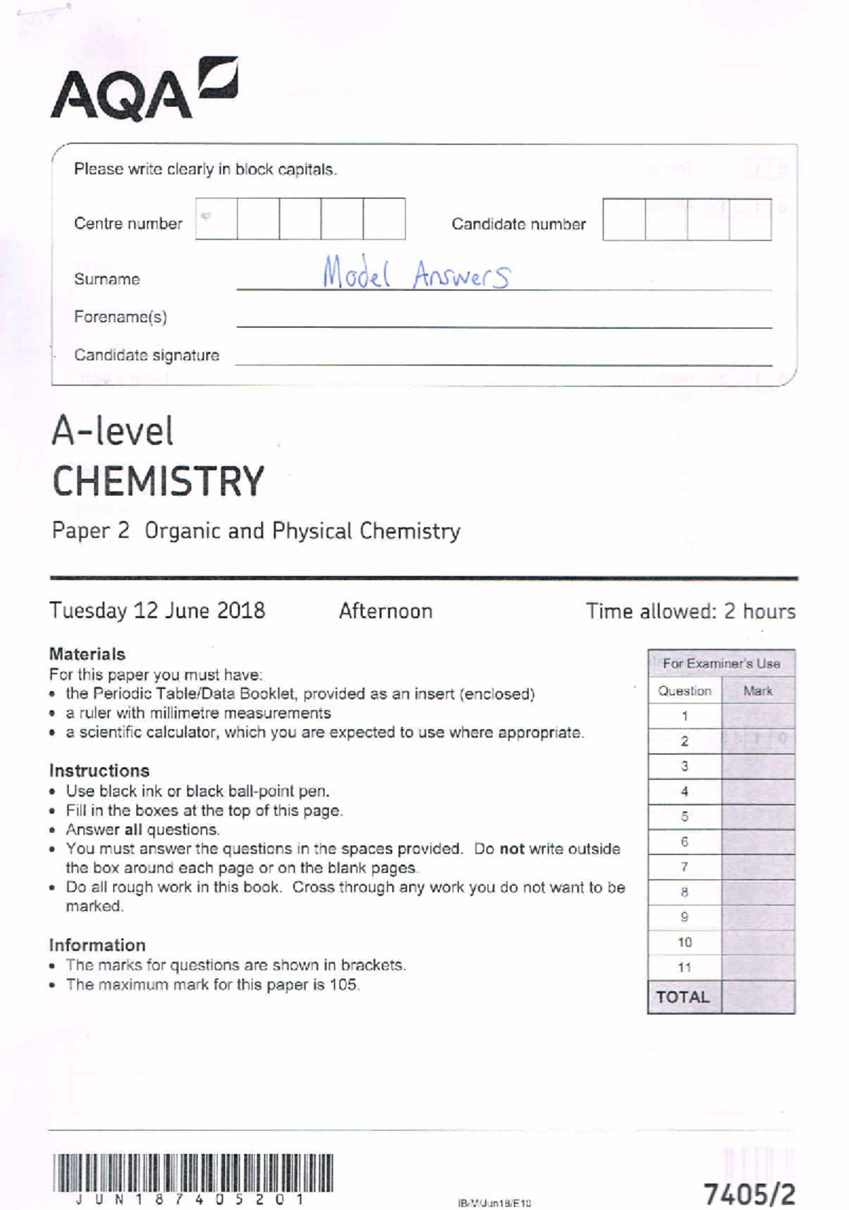 Alevel chem paper 2 - model answers 2018 - Studocu