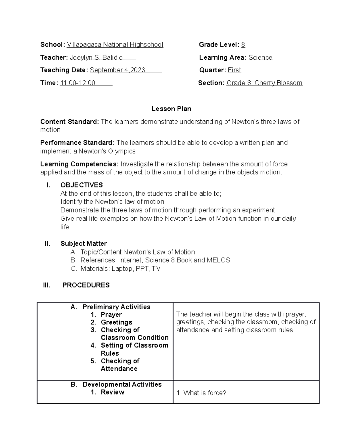 LP 3 LAWS OF Motion - Lesson plan - School: Villapagasa National ...