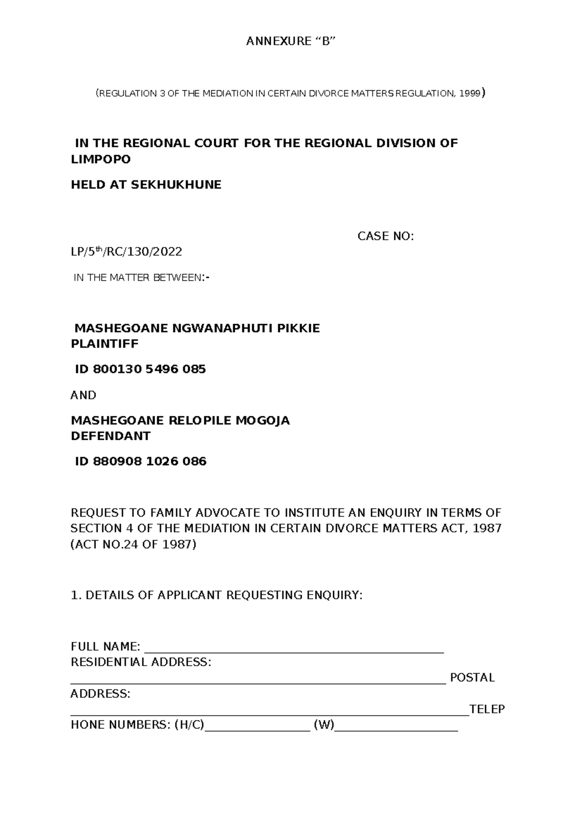 annexure b for appointment of family advocate in divorce matters ...