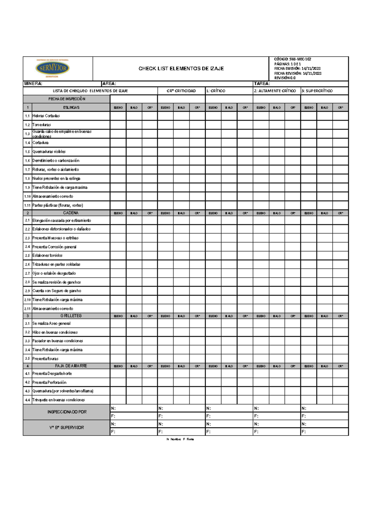 SMJ-MEC-102 Check LIST Elementos DE Izaje - 2: ALTAMENTE CRÍTICO 3 ...