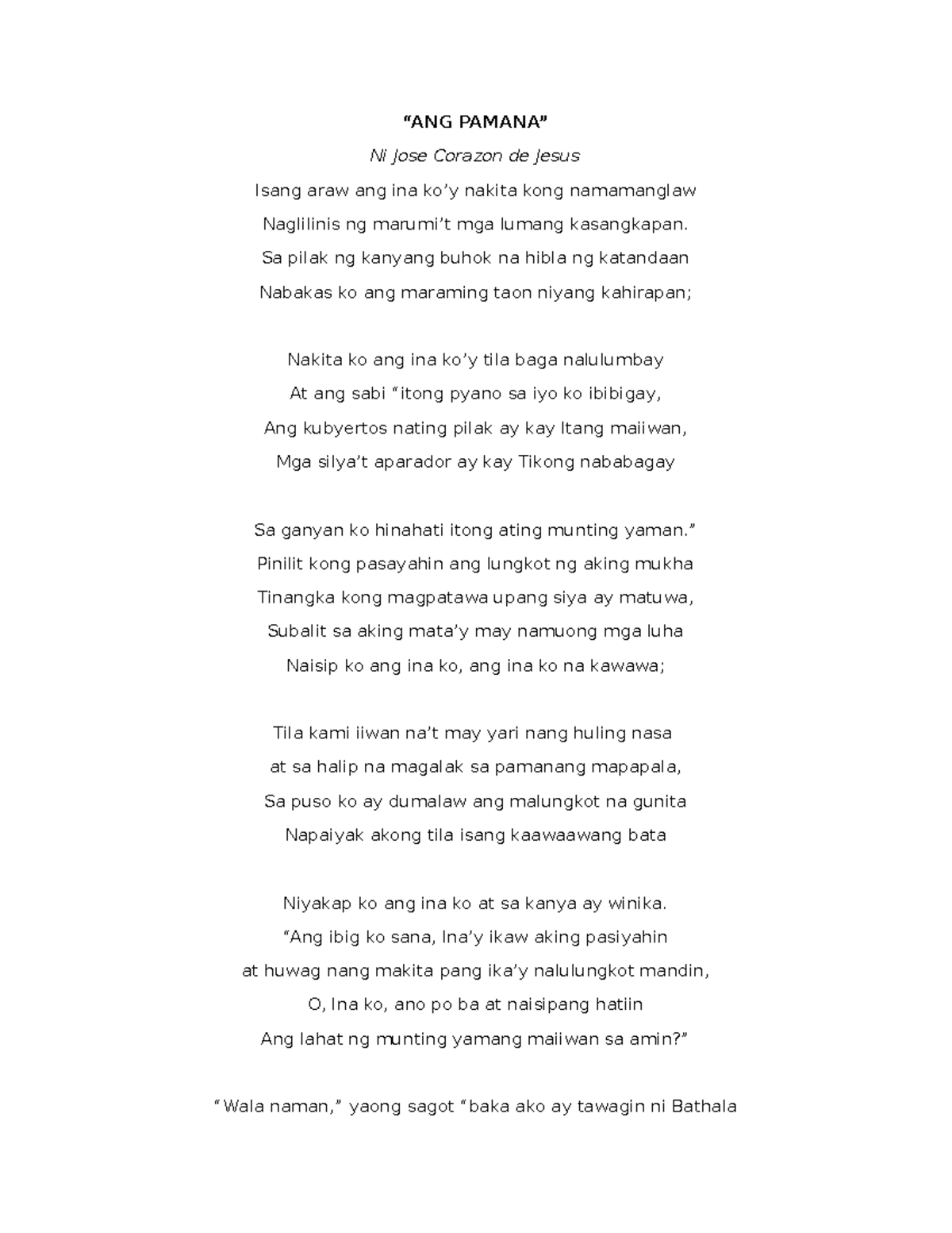 ANG Pamana - tula ito - “ANG PAMANA” Ni Jose Corazon de Jesus Isang araw ang ina ko’y nakita ...