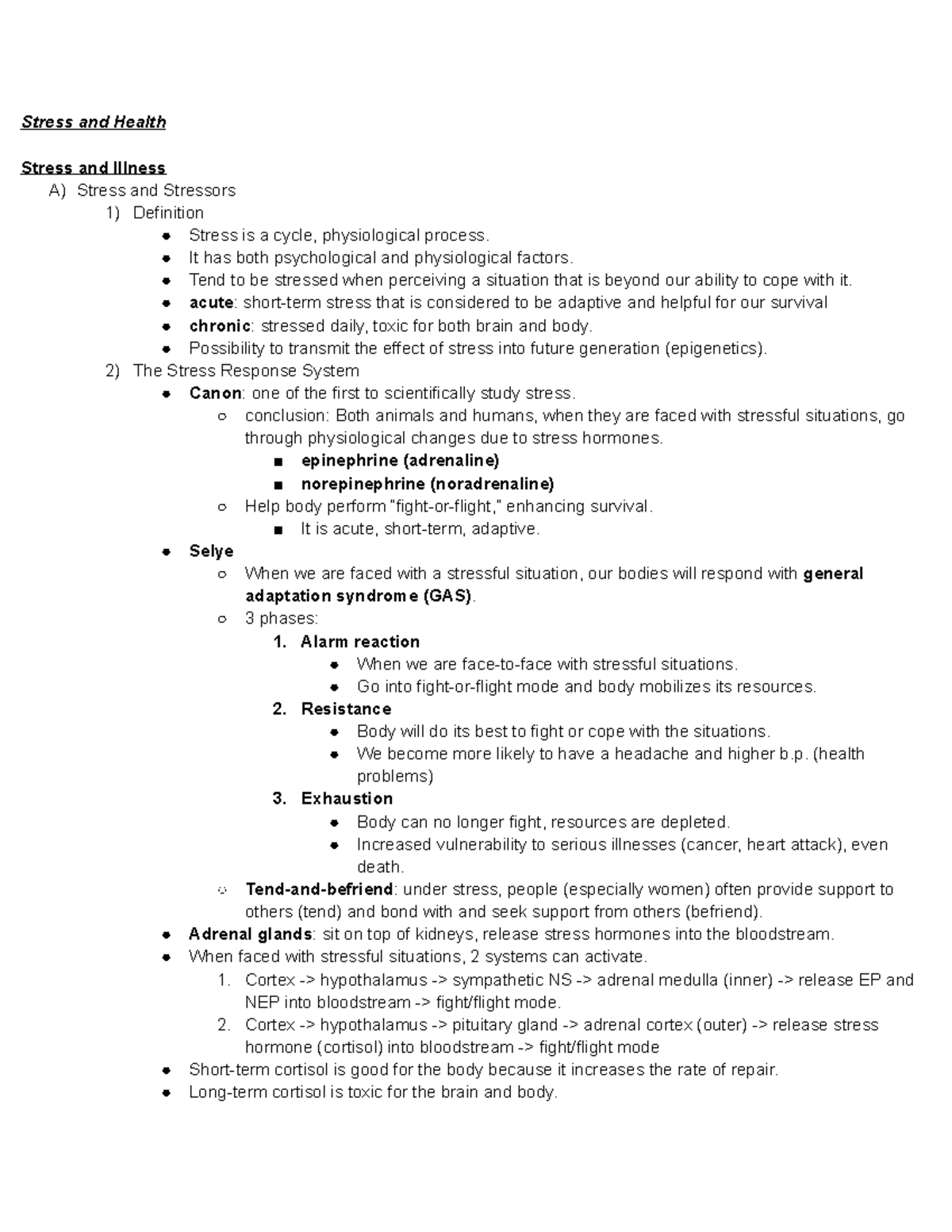 PSY 1102 Midterm #2 Course Notes - Stress and Health Stress and Illness ...