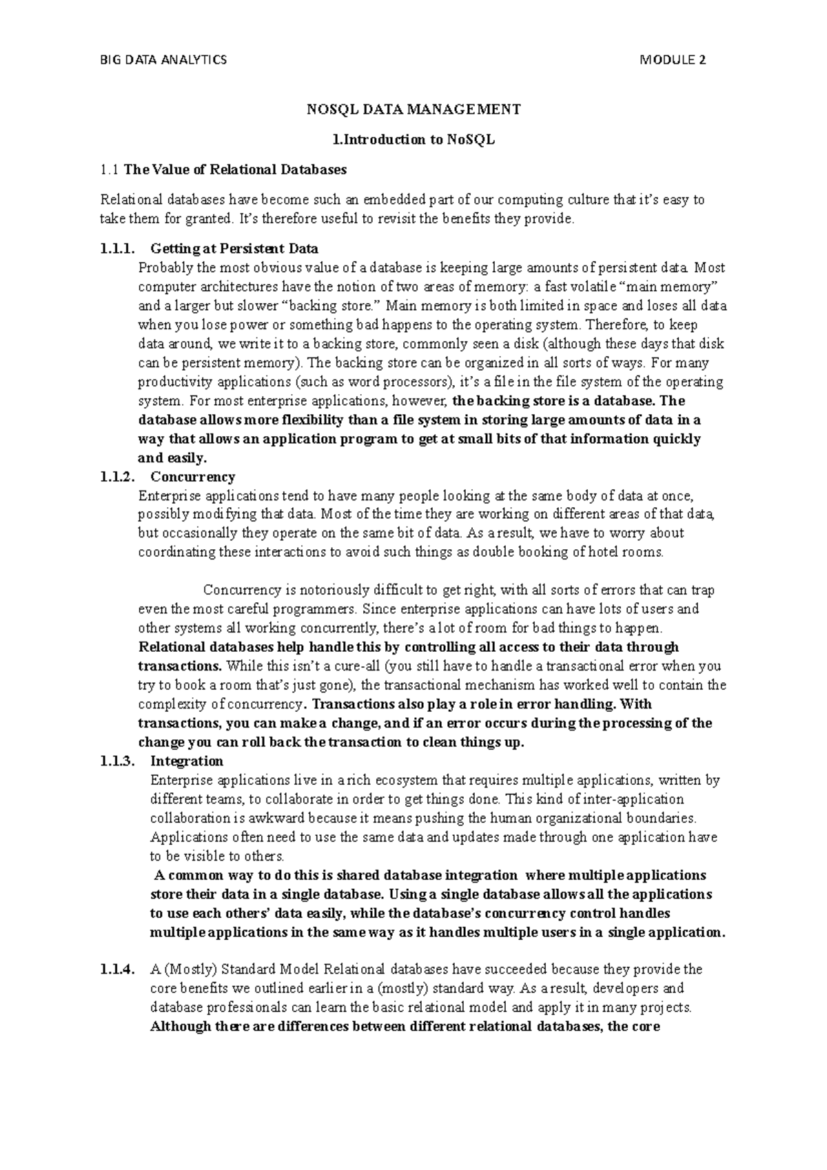 Module 2 - NOSQL DATA MANAGEMENT 1 to NoSQL 1 The Value of Relational Databases Relational ...