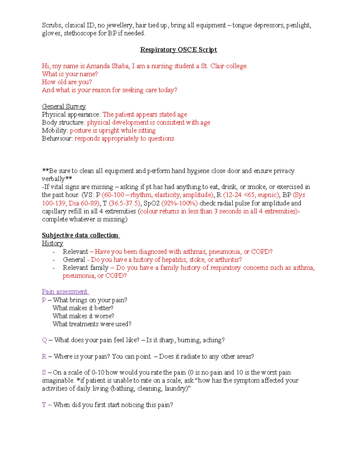 Respiratory OSCE Script - gloves, stethoscope for BP if needed ...