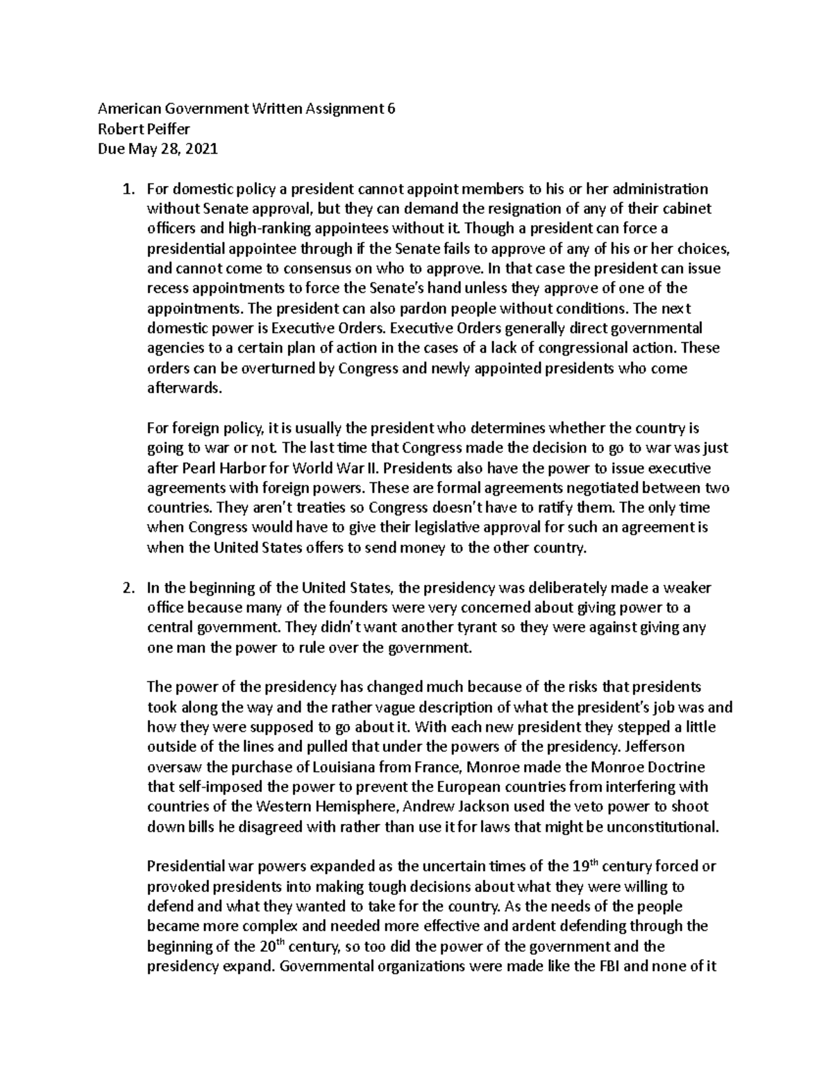 American Government WA6 - American Government Written Assignment 6 ...
