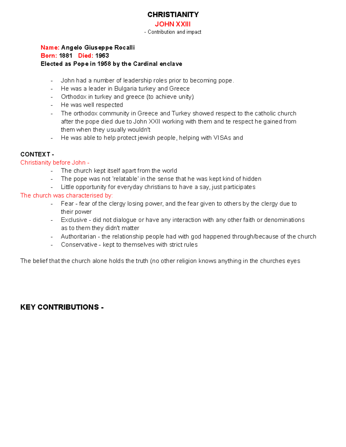 Christianity Notes - CHRISTIANITY JOHN XXIII Contribution and impact ...