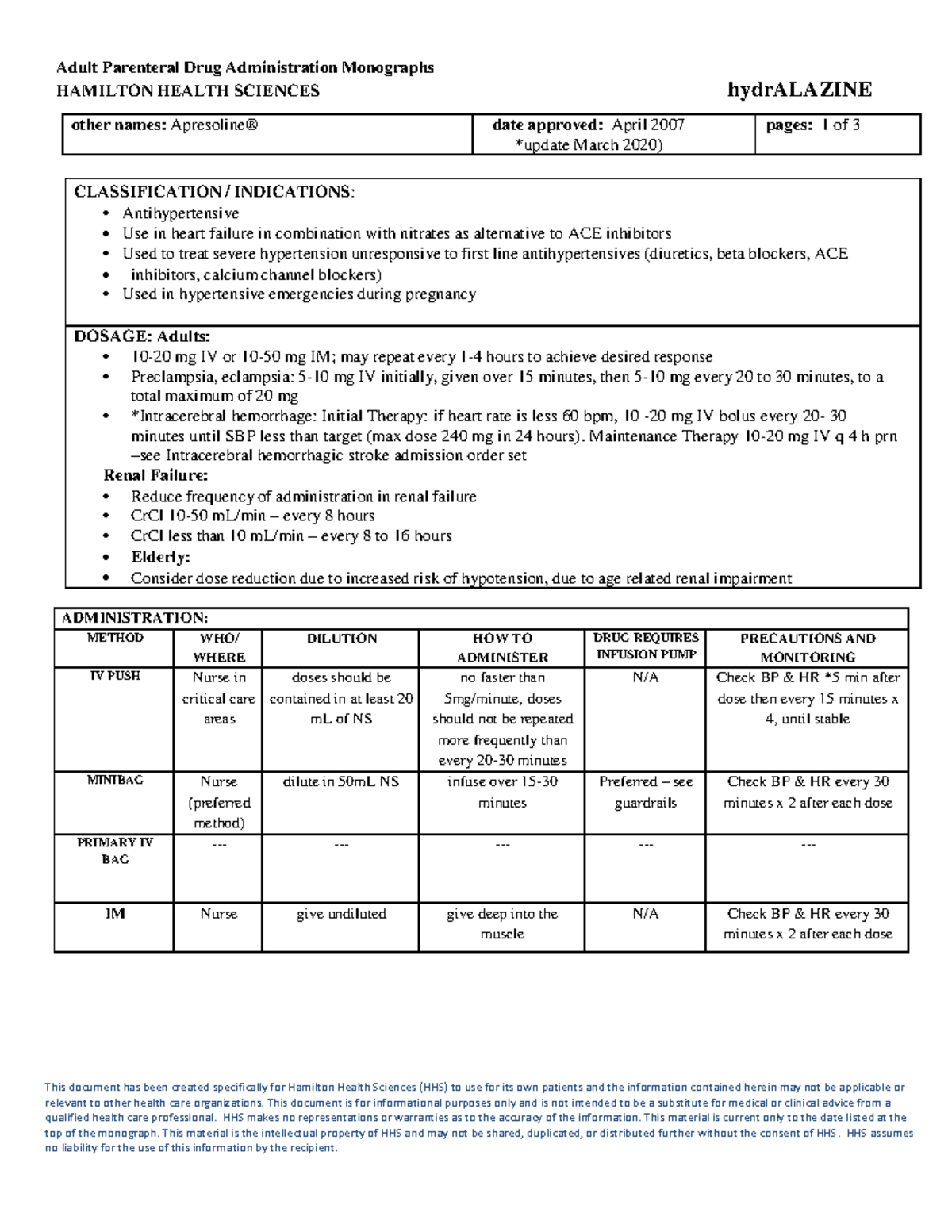 IV Monograph Example - Hydralazine - This document has been created ...