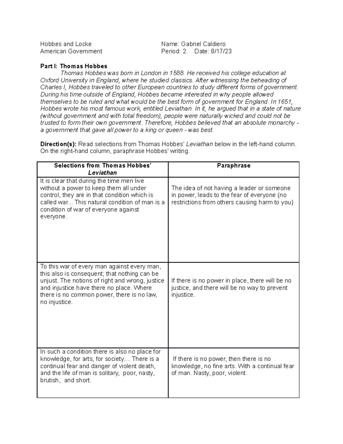 Hobbesand Locke 1 - notes - Hobbes and Locke Name: Gabriel Caldiero ...