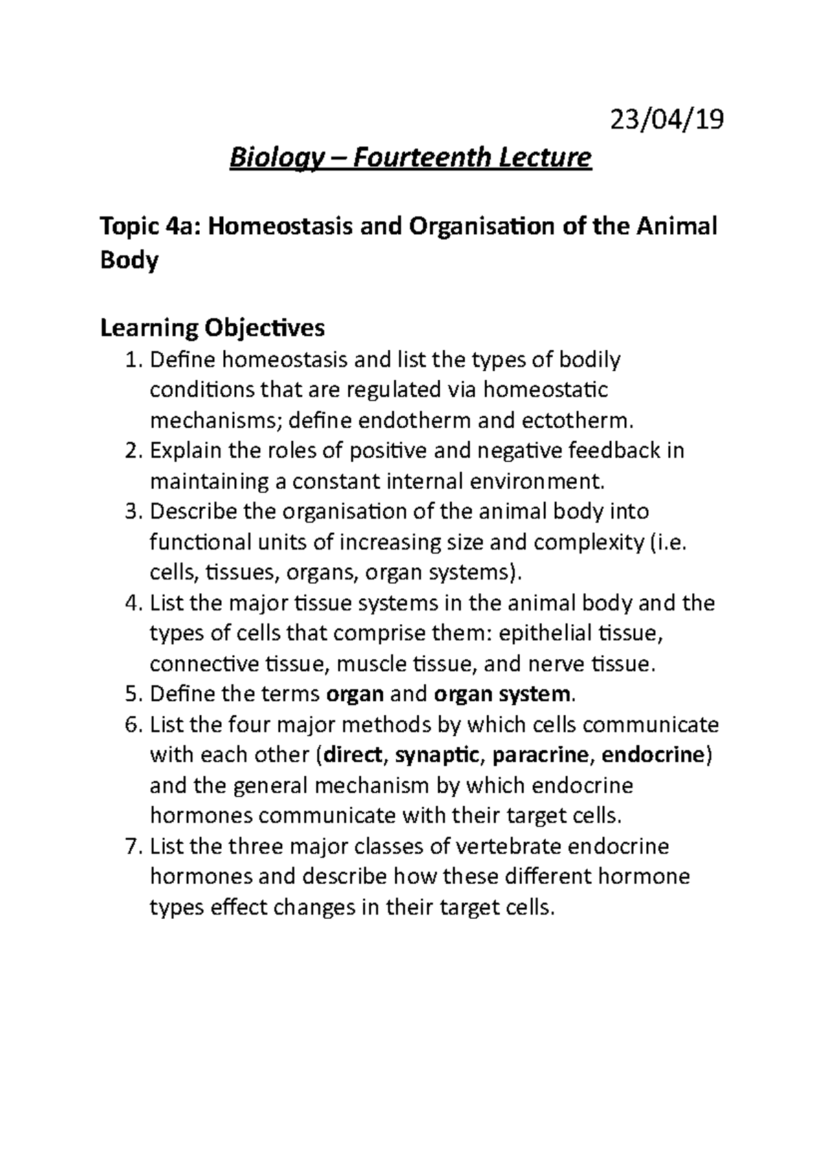 Bio Fourteenth Lecture - 23/04/ Biology – Fourteenth Lecture Topic 4a ...