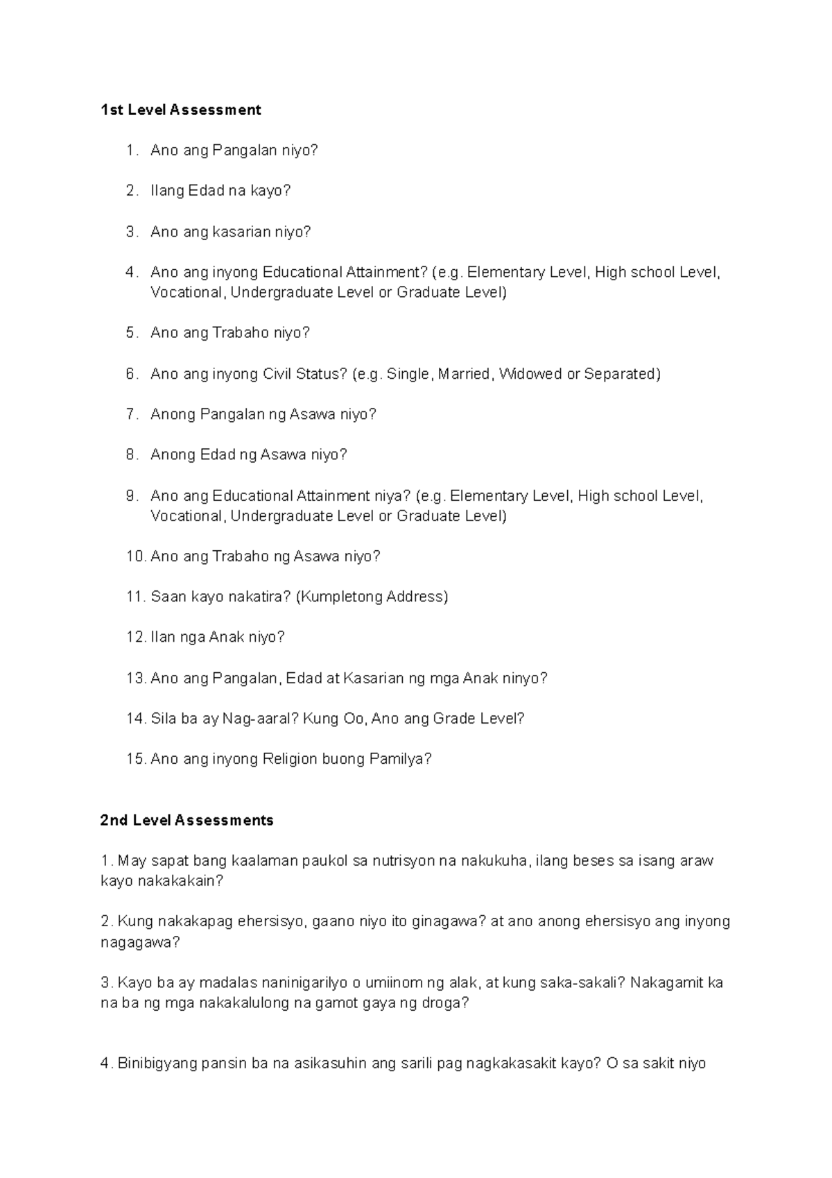 CHN Assessments - CHN - 1st Level Assessment 1. Ano ang Pangalan niyo ...