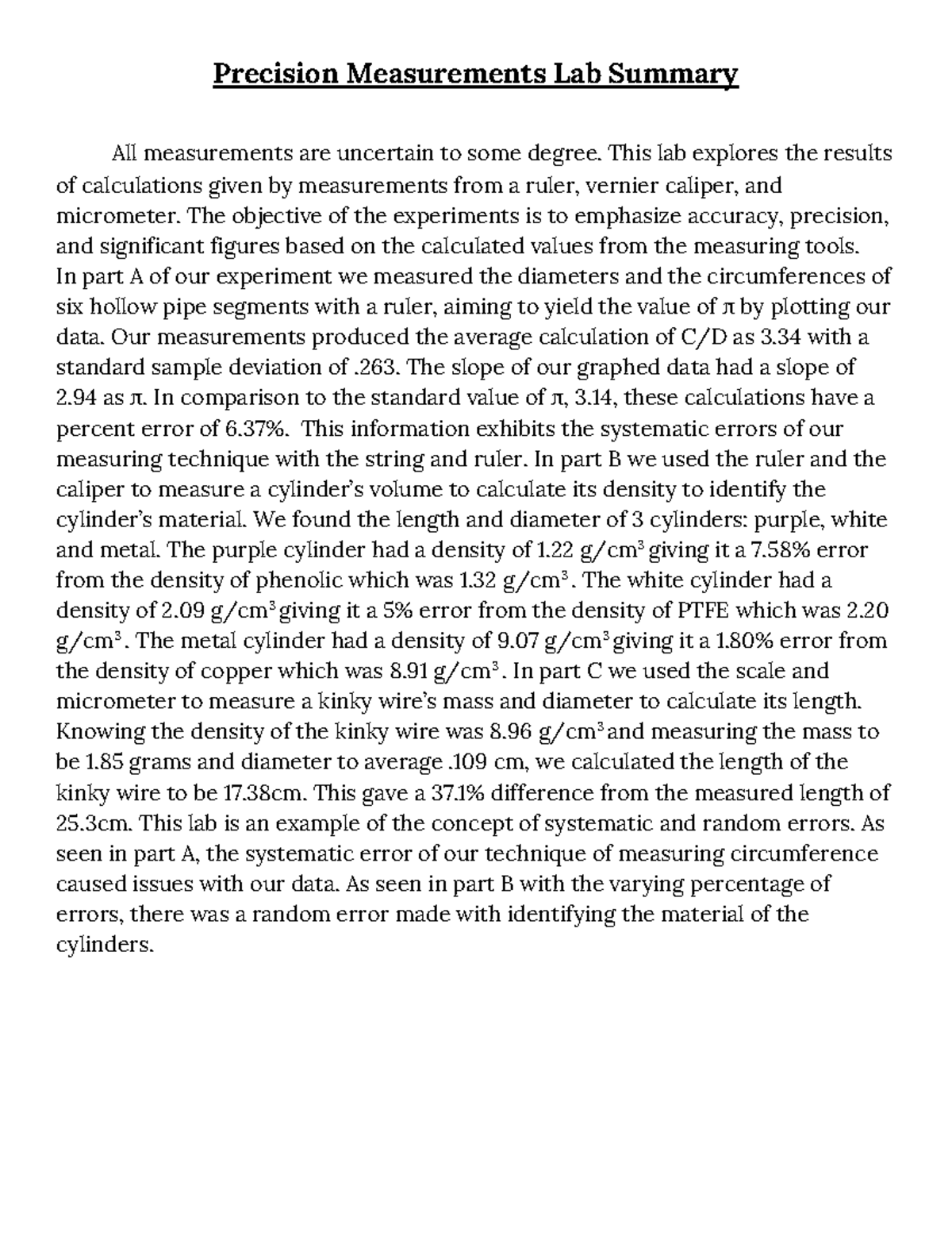 Precision Measurements Lab Summary - This lab explores the results of ...