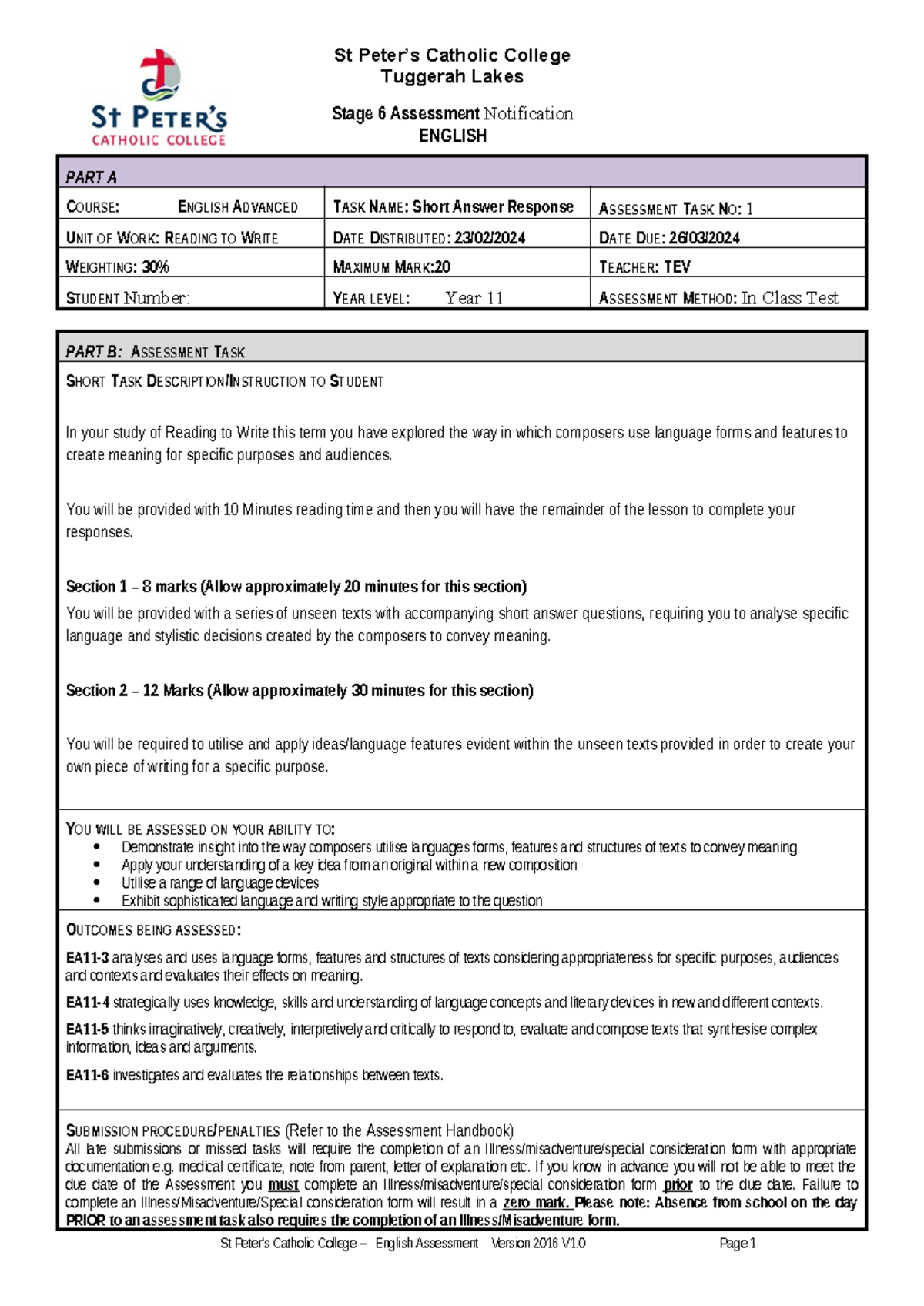 ADV Reading to Write Notification 2024 - St Peter’s Catholic College ...