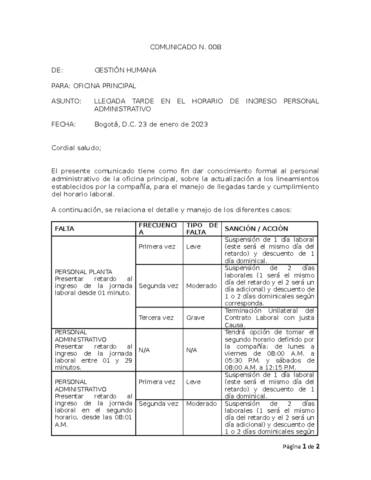 Comunicado N.008 - Informacion para gestión de bases de datos - COMUNICADO N. 008 DE: GESTIÓN ...
