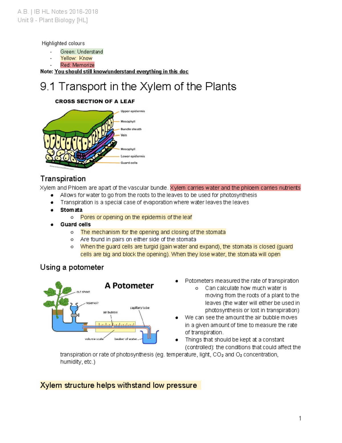 9 - Plant Biology [HL] - Unit 9 - Plant Biology [HL] Highlighted ...