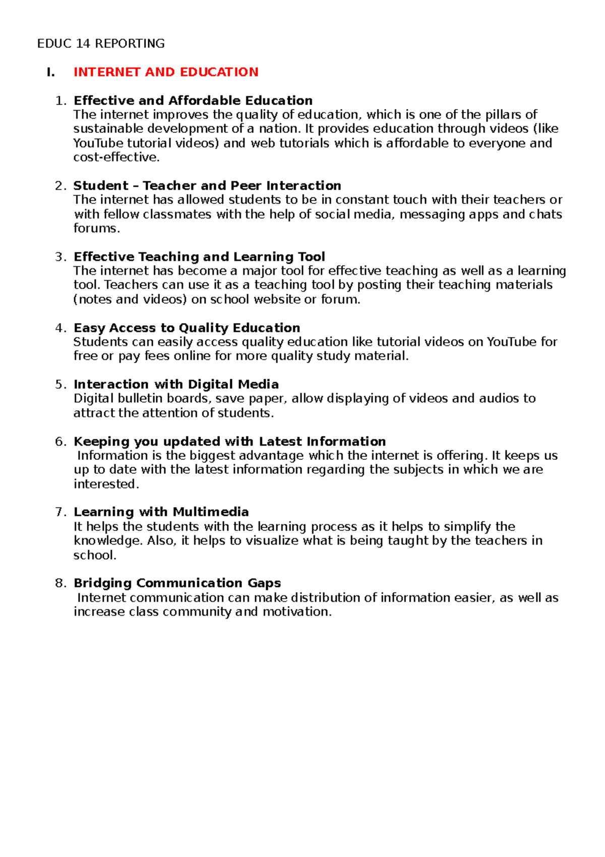 EDUC 14 Reporting - activity - EDUC 14 REPORTING I. INTERNET AND ...