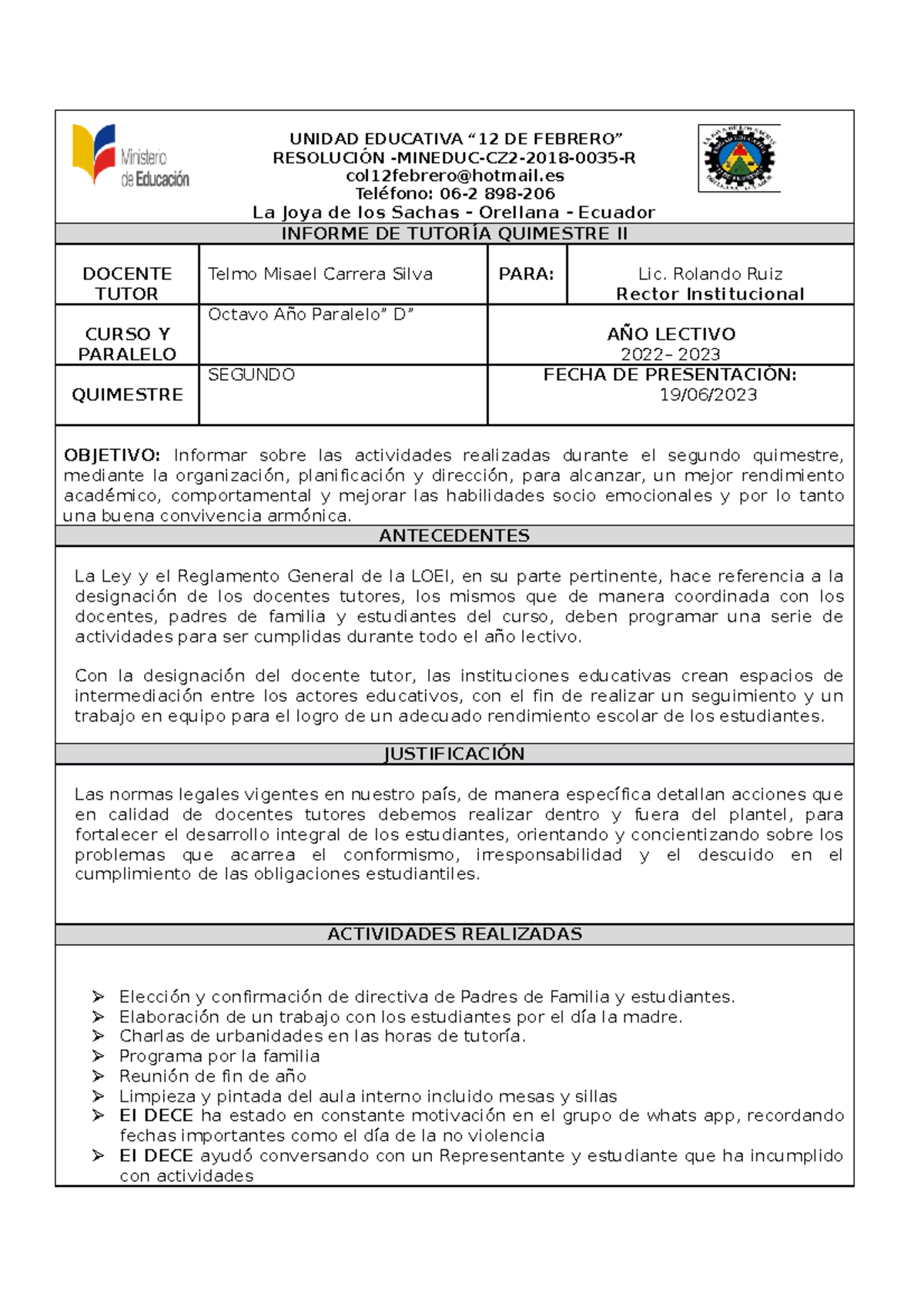 Informe DE Tutoría Primero EMA Vespertina - UNIDAD EDUCATIVA “12 DE FEBRERO” RESOLUCIÓN - Studocu