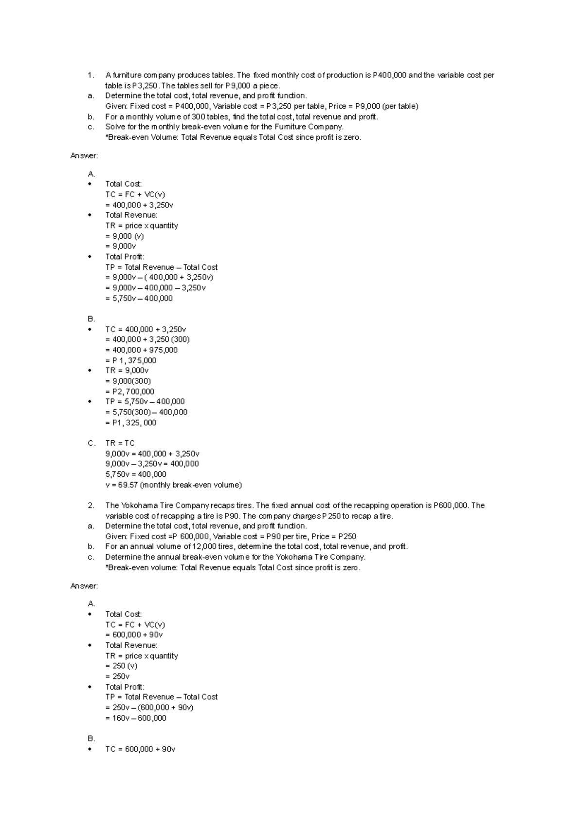 MAN SCI - Management Science - A furniture company produces tables. The fixed monthly cost of ...