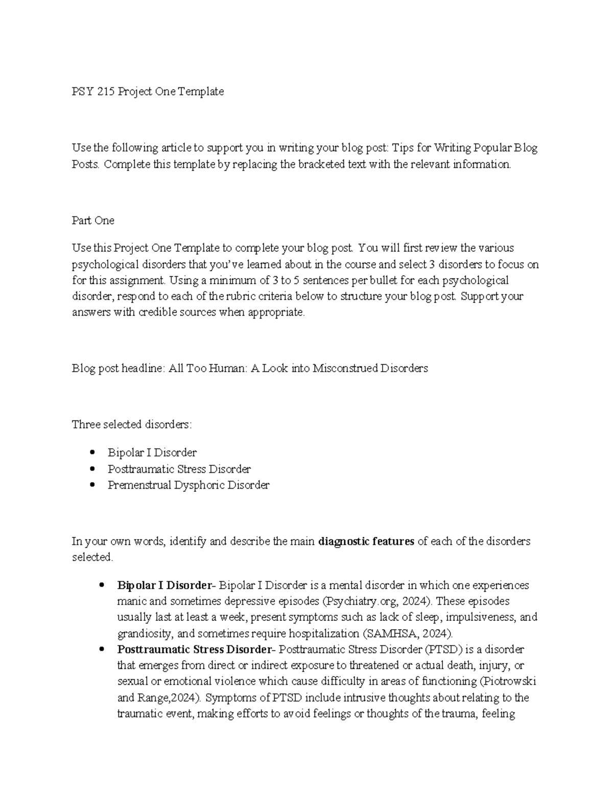 PSY 215 Project One - This assignment reflects a blog post reviewing ...