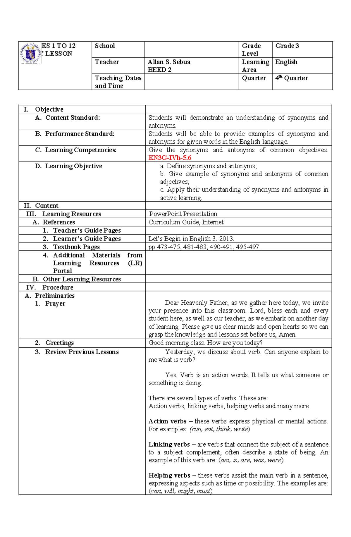 Sebua, Allan S - Summary BEED- Major in Gen. Ed - GRADES 1 TO 12 DAILY ...