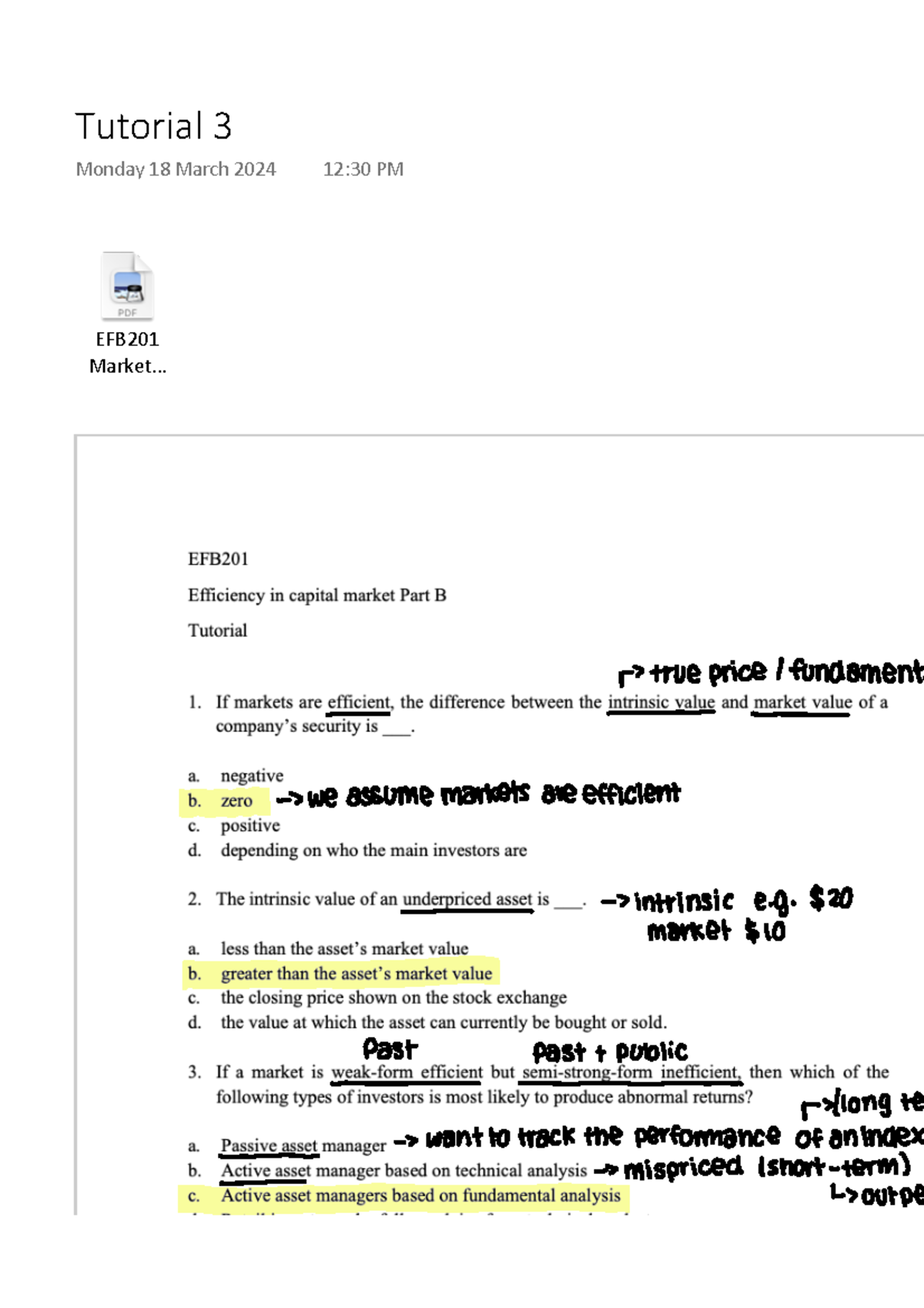 Tutorial 3 Solutions - EFB201 - EFB Market... Tutorial 3 Monday 18 ...