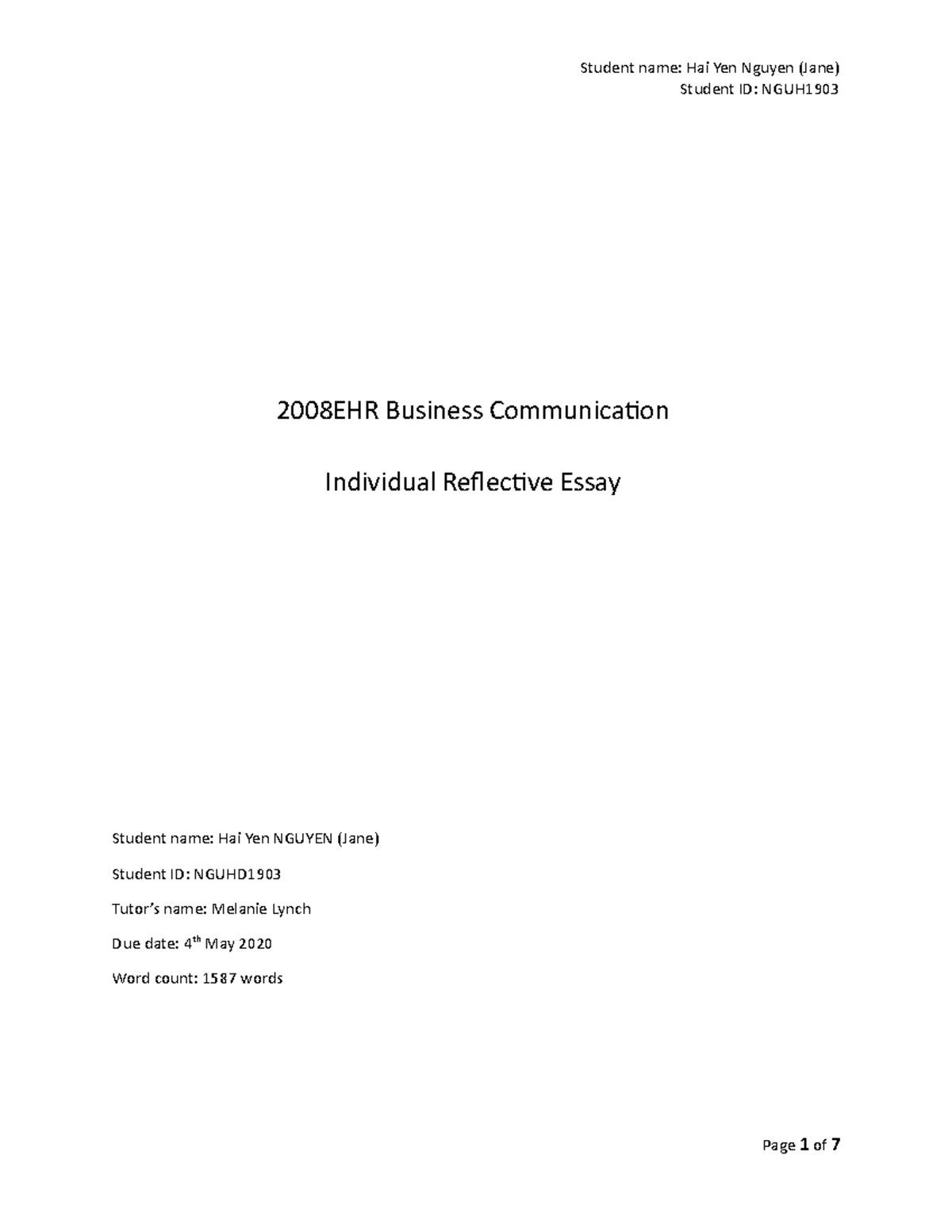 Reflective essay - business communication - 2008EHR Business ...