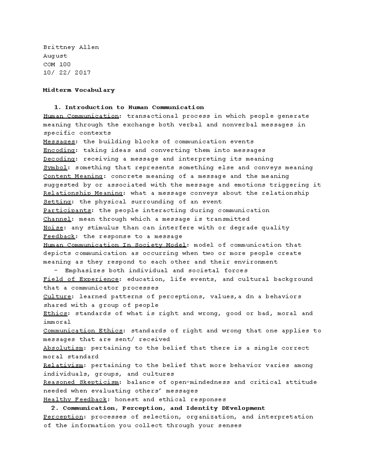 COM 100 Midterm Review - Summary Communication Fundamentals - Brittney ...