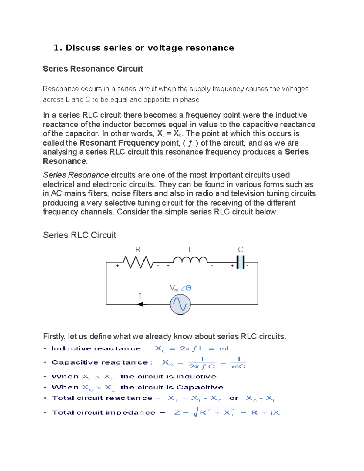Lab final - Study well - 1. Discuss series or voltage resonance Series ...