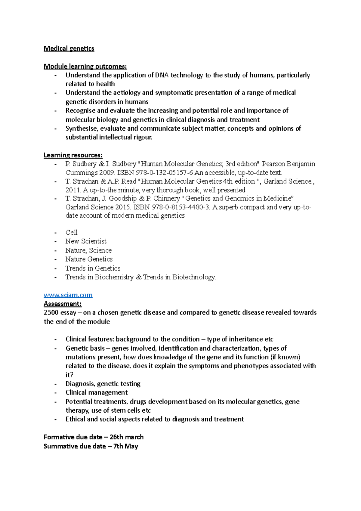 Medical genetics - sched - Medical genetics Module learning outcomes ...