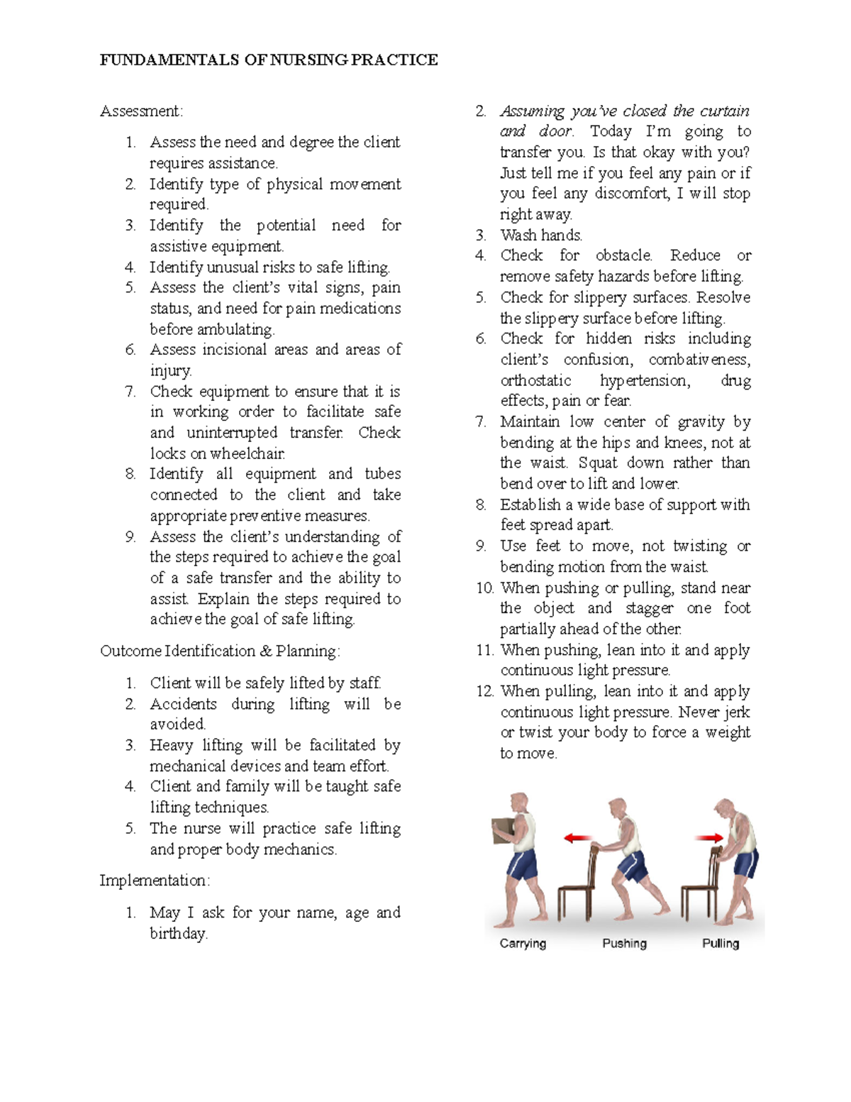 Proper Body Mechanics - FUNDAMENTALS OF NURSING PRACTICE Assessment ...