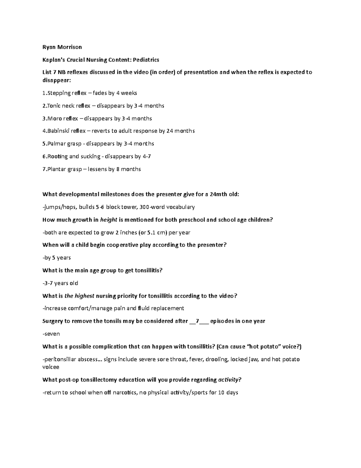 NURS 200 Crucial Content Pediatrics kaplan docx - Ryan Morrison Kaplan ...