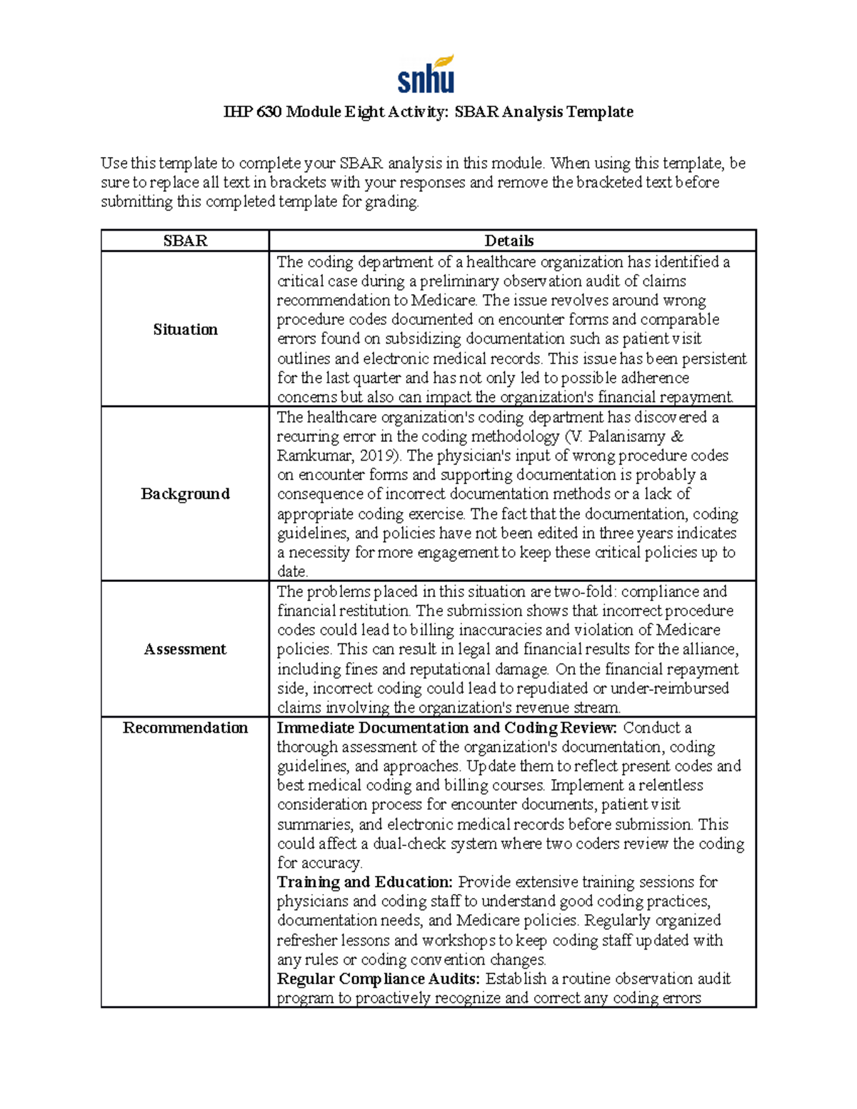 IHP 630 Module Eight Activity SBAR Analysis Templatefinal 3 - IHP 630 ...