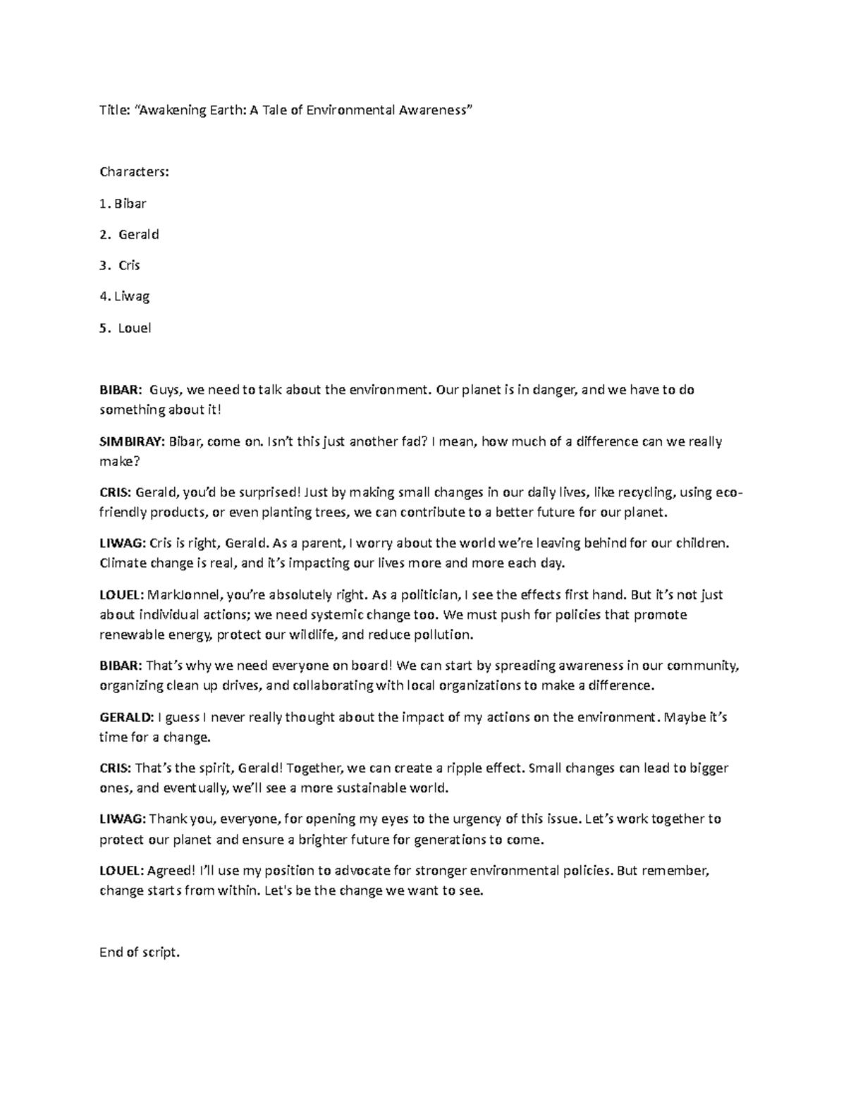 Purcom Script - n/a - Title: “Awakening Earth: A Tale of Environmental ...