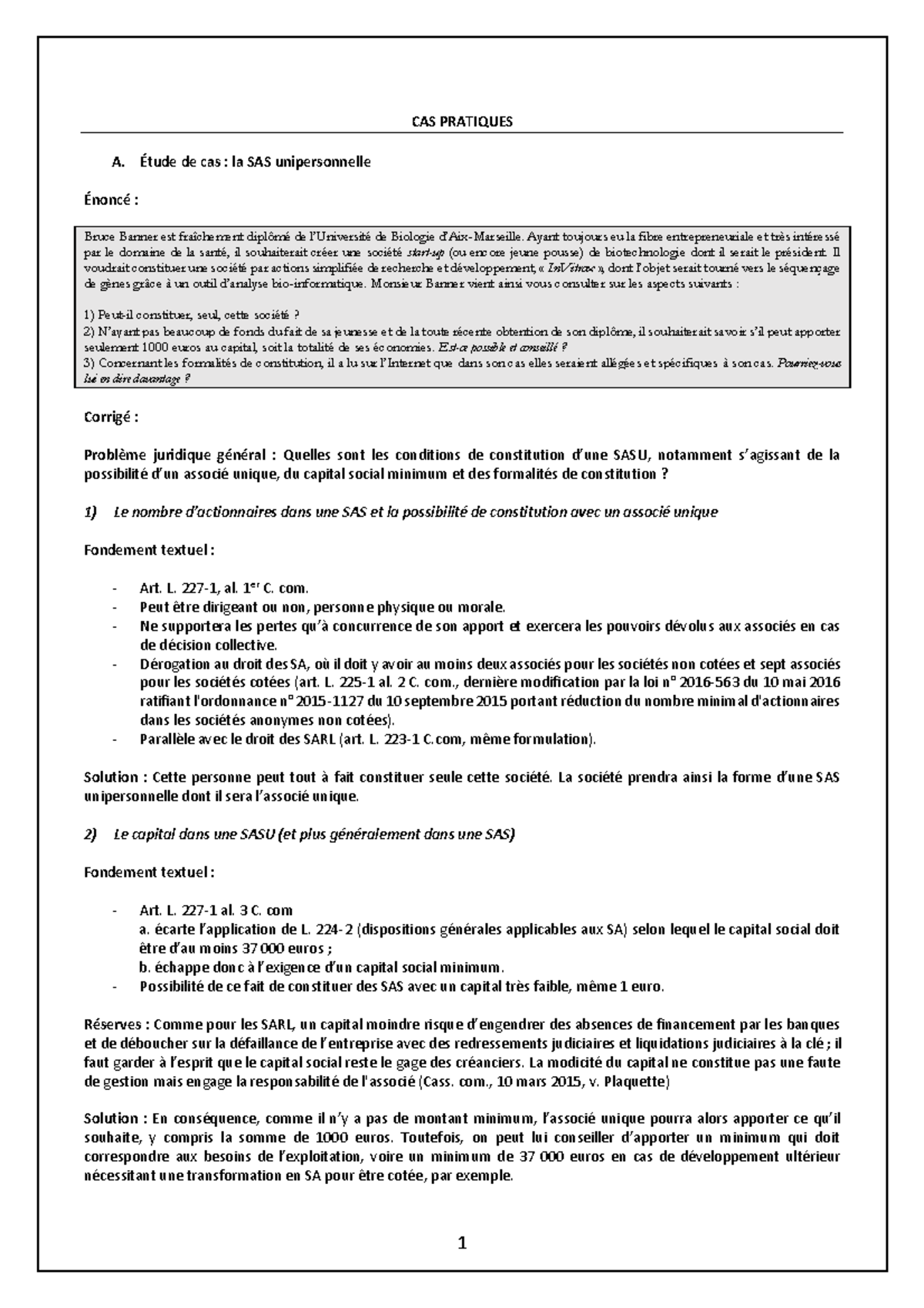 Correction CAS Pratiques Séance 2 Droit Des Sociétés. M1 - Warning: TT: undefined function: 32 ...