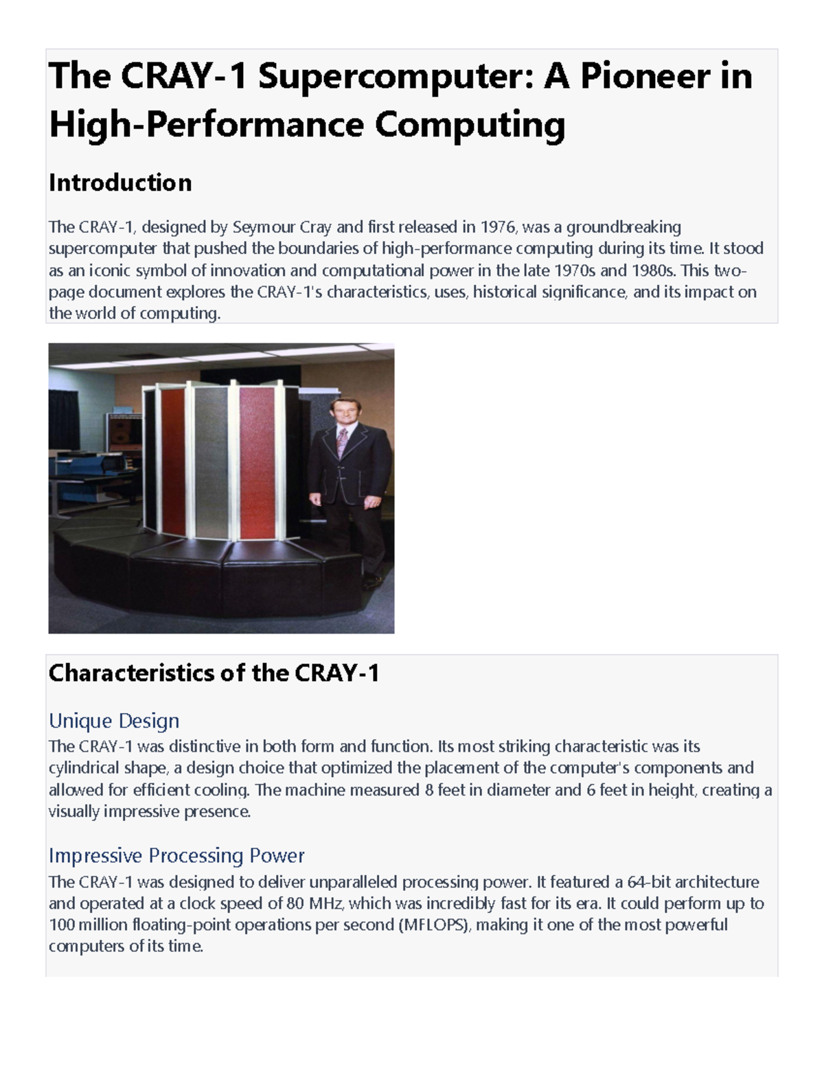 CRAY-1 - A study about CRAY-1 SUPERCOMPUTER - The CRAY-1 Supercomputer ...