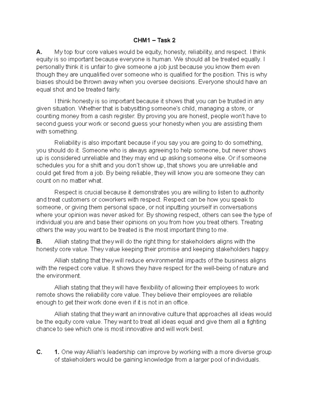 CHMI Task 2 - S - Task 2 - CHM1 – Task 2 A. My top four core values ...