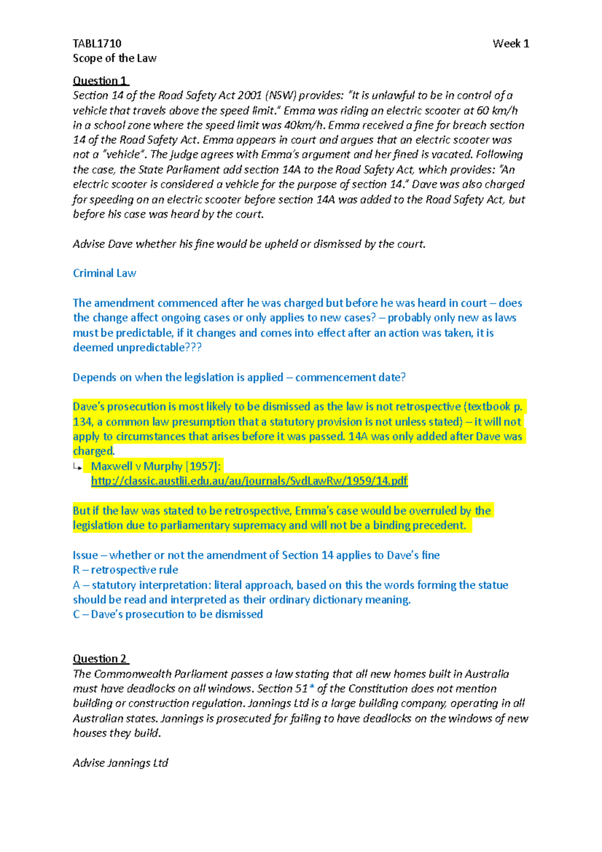 Week 1 - Tutorial PRACS/Practical problem questions - TABL1710 - UNSW ...