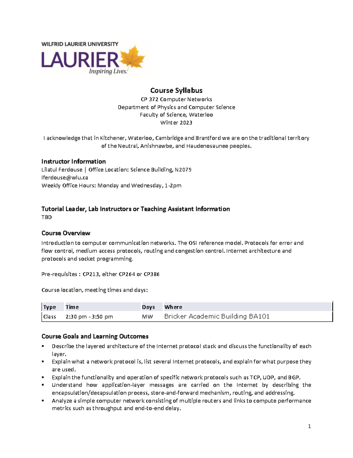 CP372 Syllabus Winter 2023 - Course Syllabus CP 372 Computer Networks Department of Physics and ...