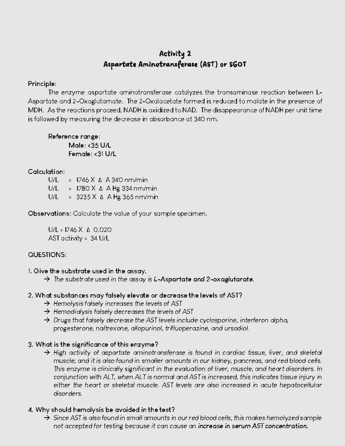 Transaminases activity - Activity 2 Aspartate Aminotransferase (AST) or ...