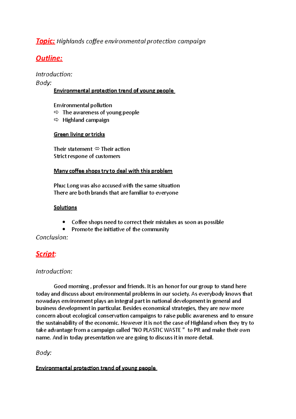 Outline. for presentation - Topic: Highlands coffee environmental ...