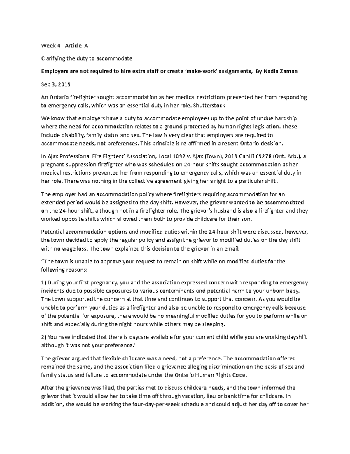 Week 2 Reading C - Week 4 - Article A Clarifying the duty to accommodate Employers are not ...