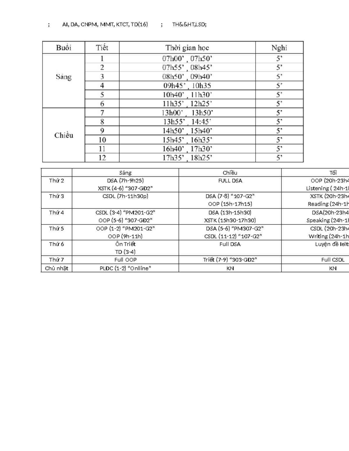 TKB - perfect - ; AI, DA, CNPM, MMT, KTCT, TD(16) ; TH&&HT,LSD; Sáng Chiều Tối Thứ 2 DSA - Studocu