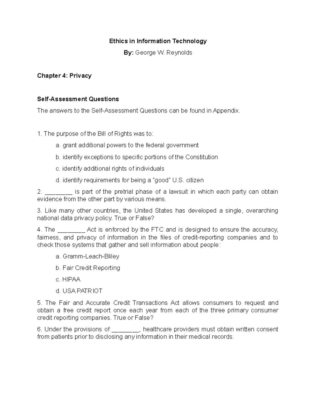 Chapter 4 Privacy Self-Assessment and Discussion Questions - Ethics in ...