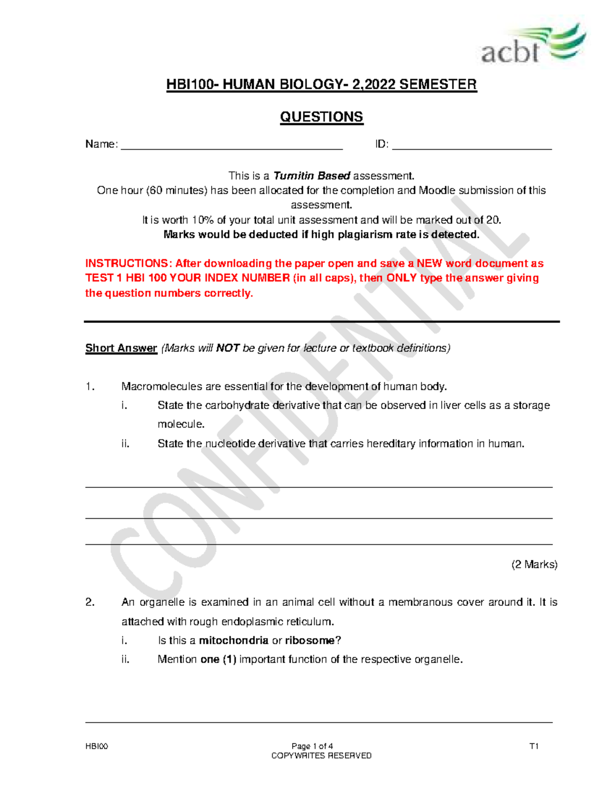 HBI100 Test 1 - Assesements - HBI100- HUMAN BIOLOGY- 2,2022 SEMESTER ...
