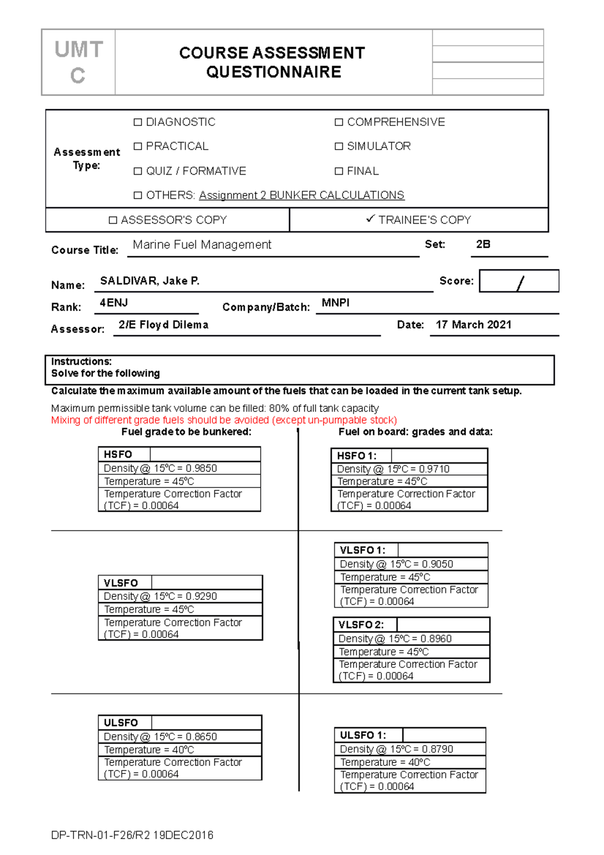 Assignment 2B Bunker calculations Trainee sheet 2 - UMT C COURSE ...