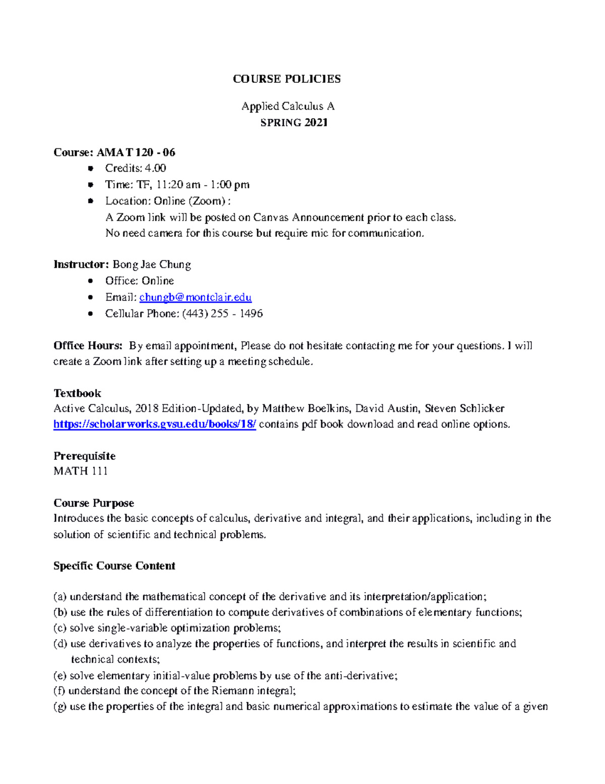 Course Policies 120 06 - COURSE POLICIES Applied Calculus A SPRING 2021 ...