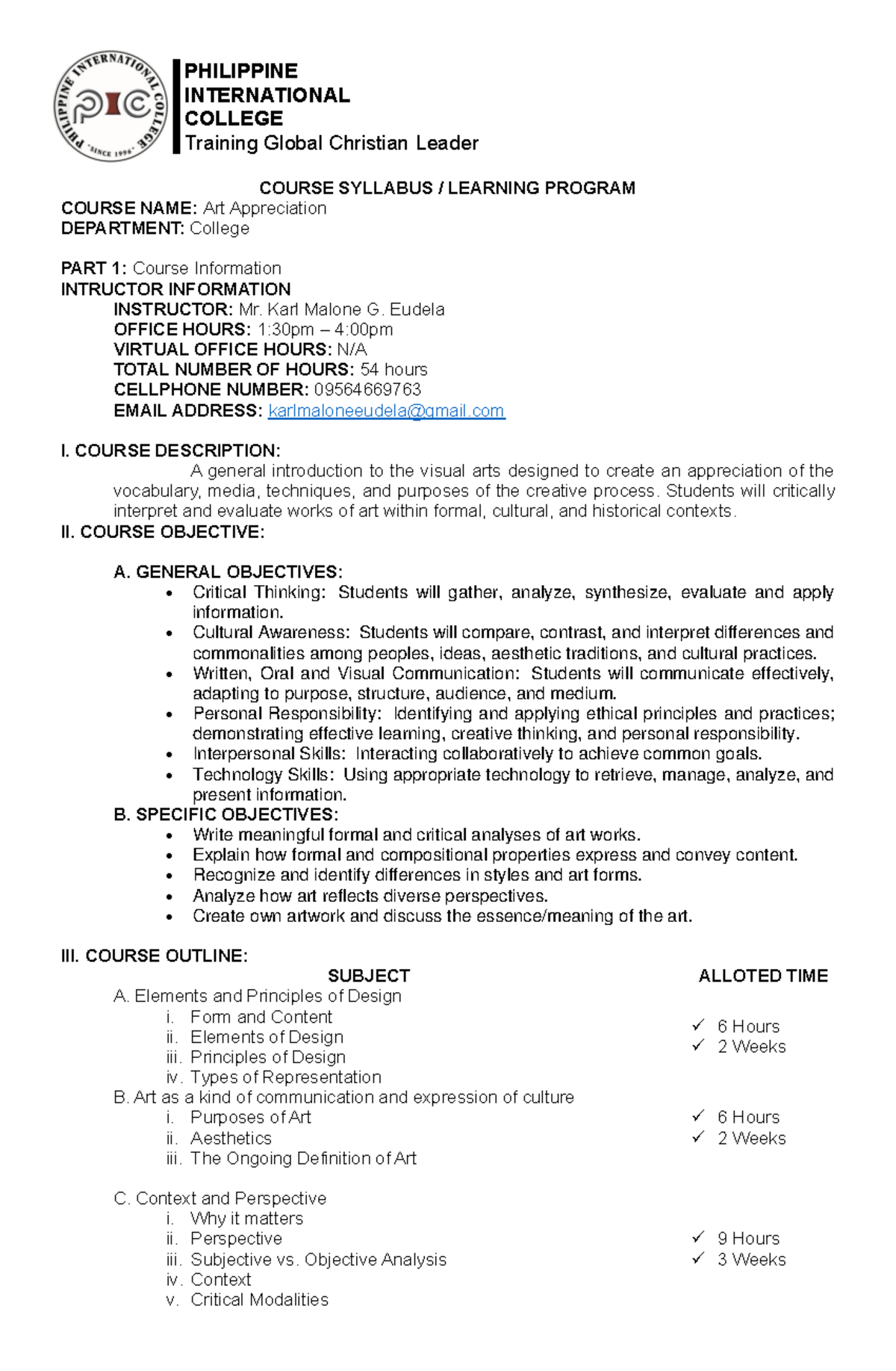 Course Syllabus - ART Appreciation - SIR KARL - PHILIPPINE ...