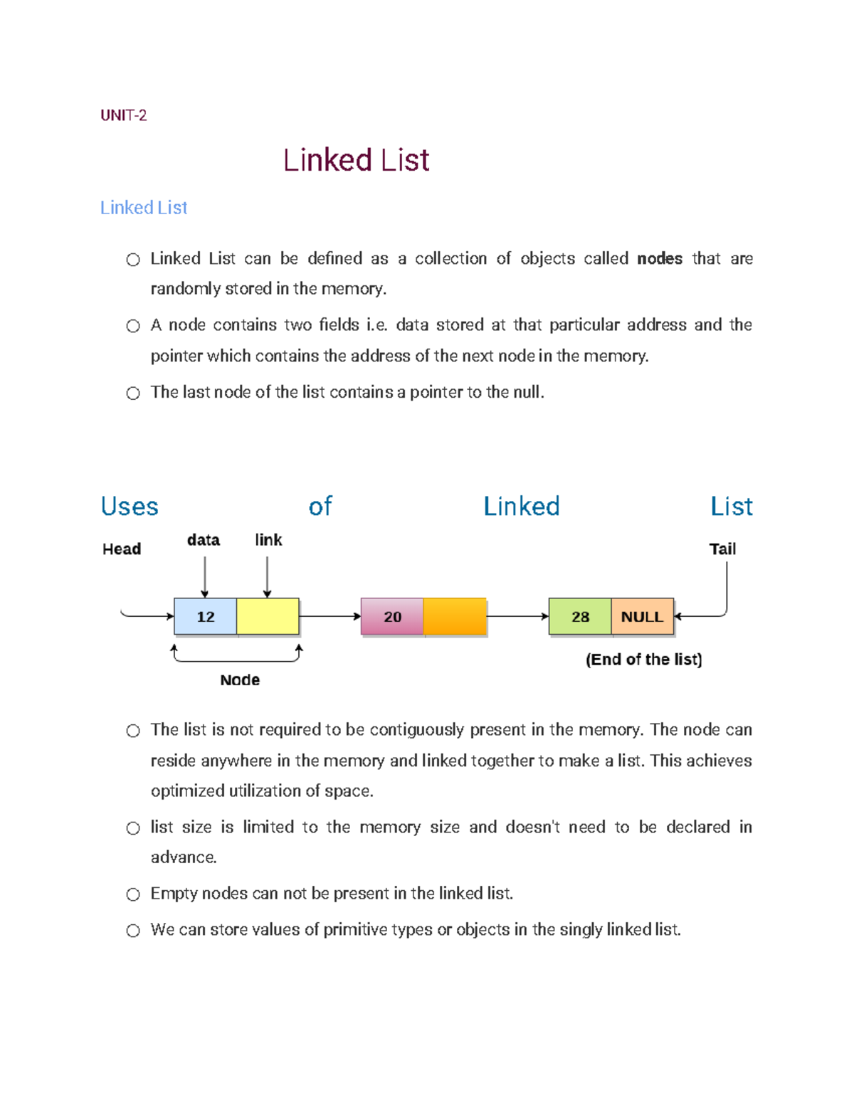 DATA Structures UNIT-2 - UNIT- Linked List Linked List Linked List can be defined as a ...