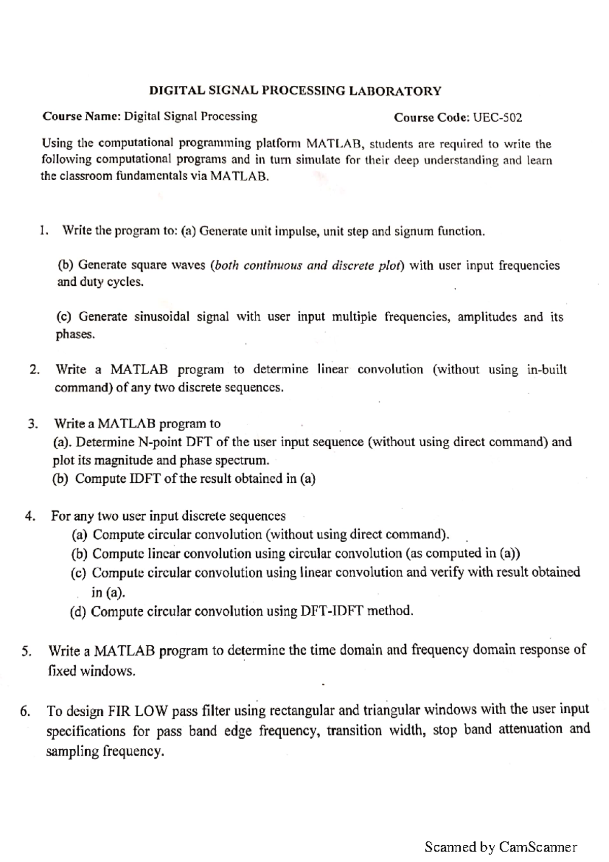 22 Lab Experiments Dsp Lab Experiment List Digital Signal Processing Scanned By